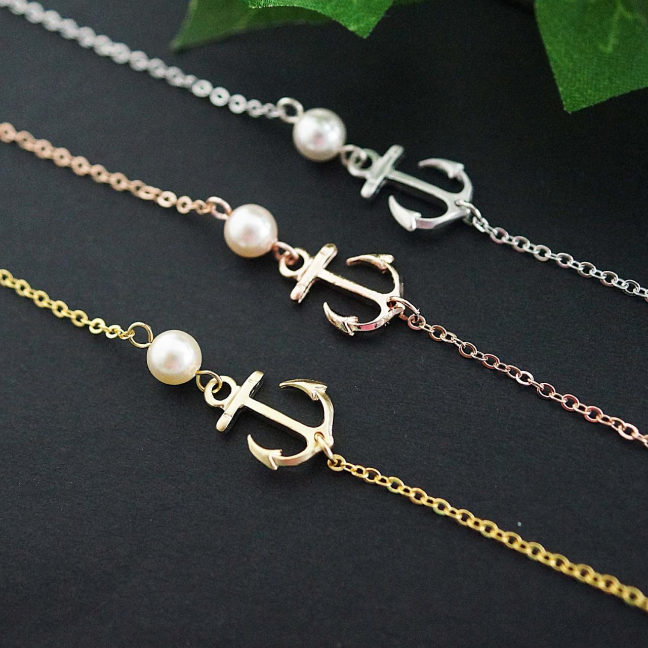 Anchor Bracelet With Swarovski Pearl, Friendship Bracelet, Christmas Gift, Bridesmaid Gift ...