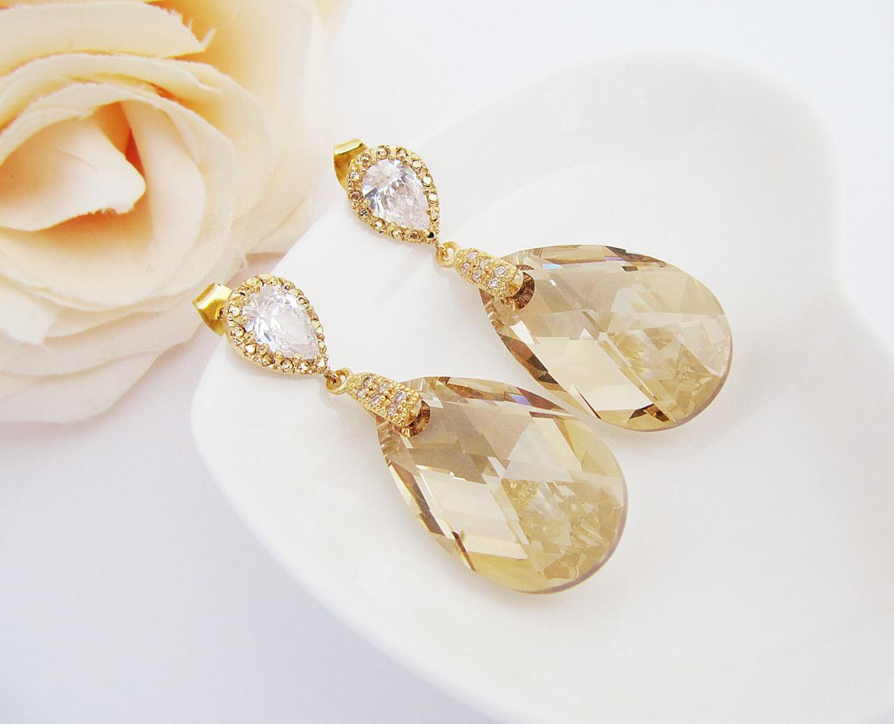 Bridal Earrings Gold Plated Cubic Zirconia Ear Posts With (huge) Golden ...