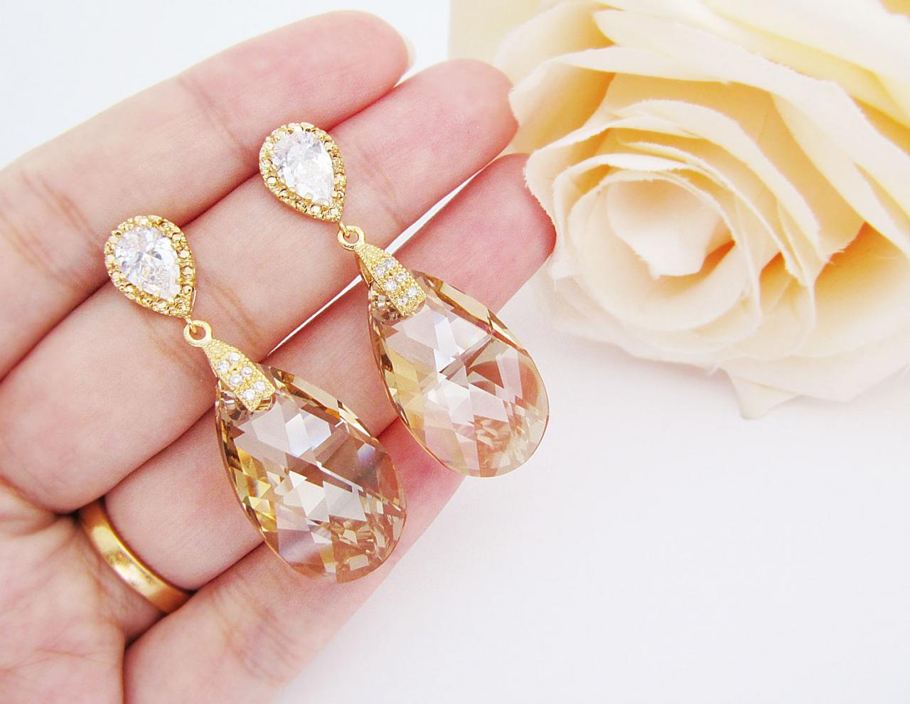 Bridal Earrings Gold Plated Cubic Zirconia Ear Posts With (huge) Golden ...