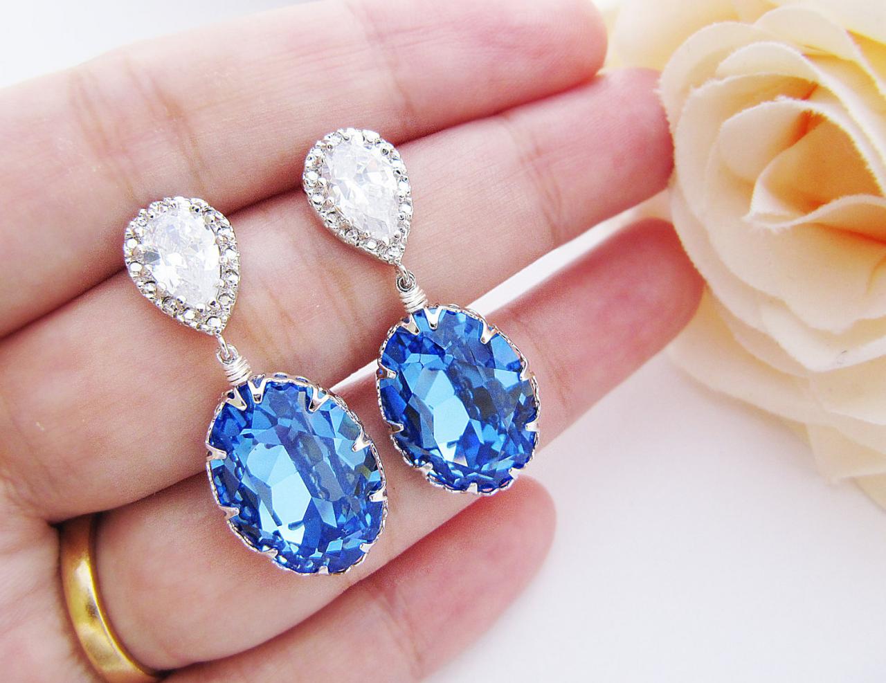 Matte Rodium Plated Cubic Zirconia Ear Posts With Sapphire Swarovski ...