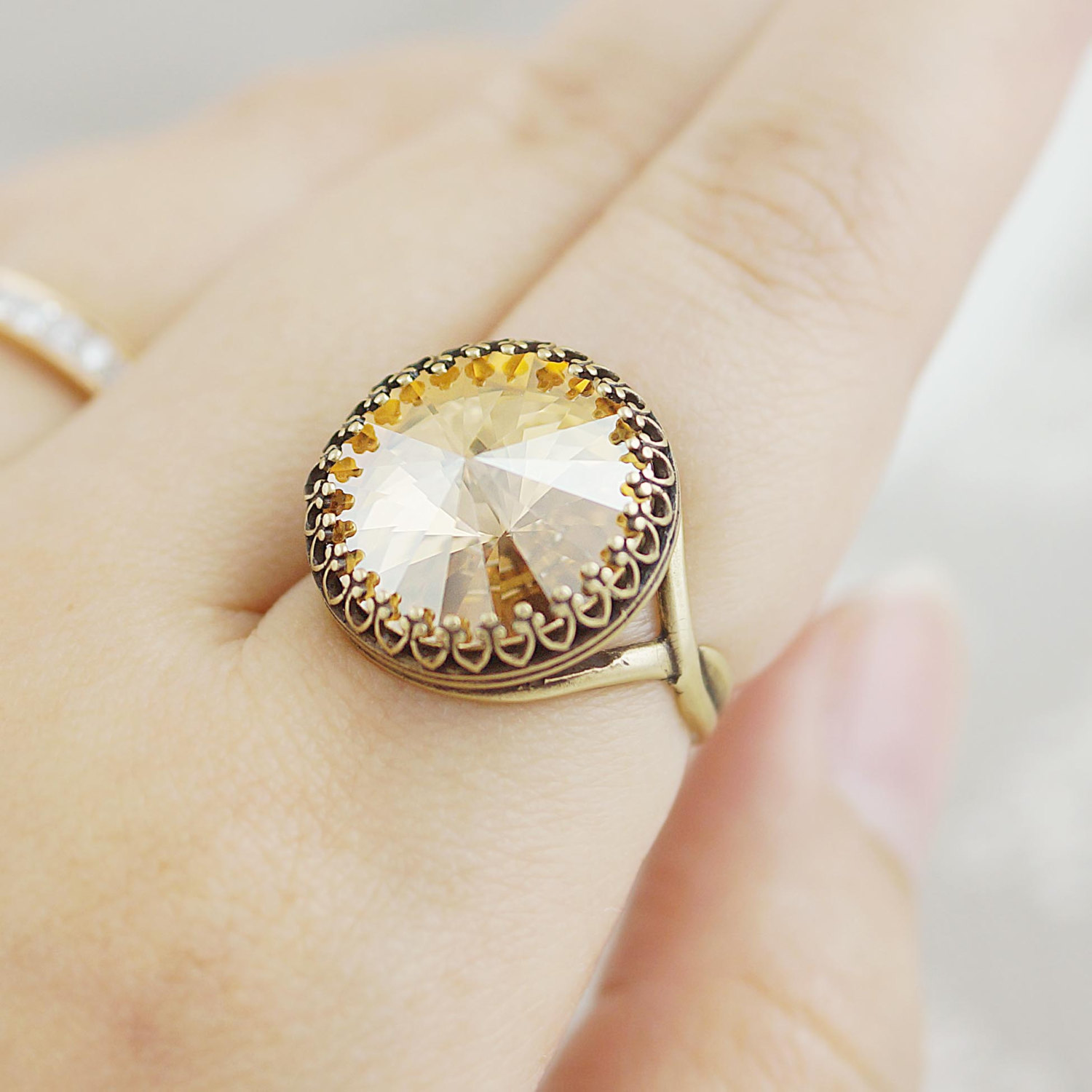 Vintage Style Golden Shadow Swarovski Rivoli Ring Adjustable Ring ...