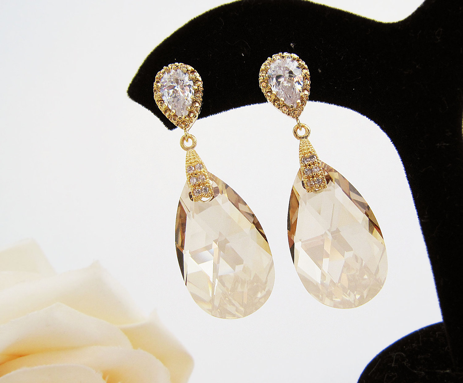 Bridal Earrings Gold Plated Cubic Zirconia Ear Posts With (huge) Golden ...