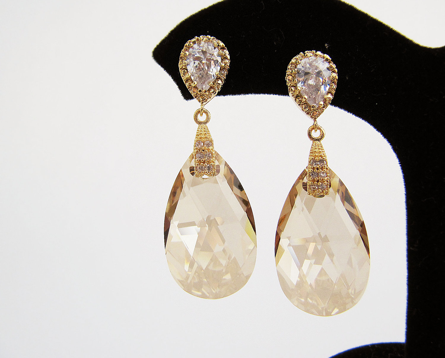 Bridal Earrings Gold Plated Cubic Zirconia Ear Posts With (huge) Golden ...