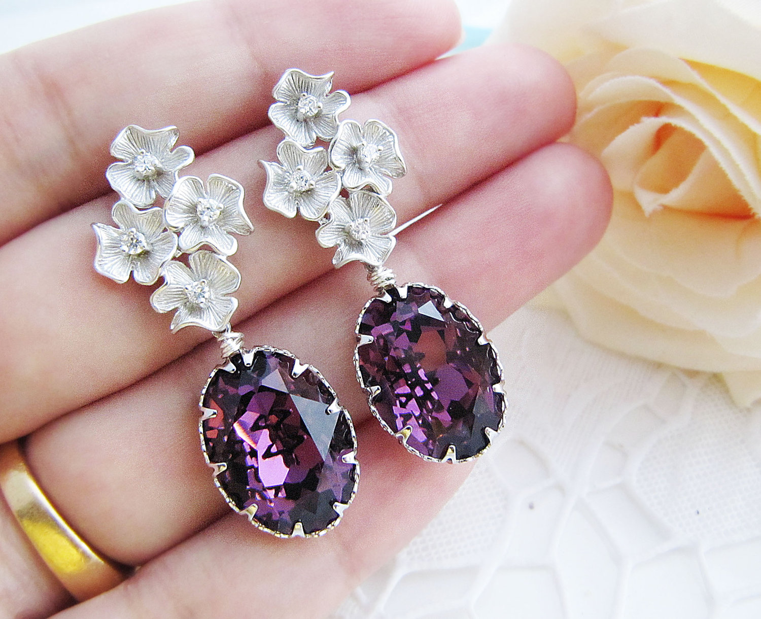 Bridal Earrings Matte Rodium Flower With Cubic Zirconia Ear Posts And ...